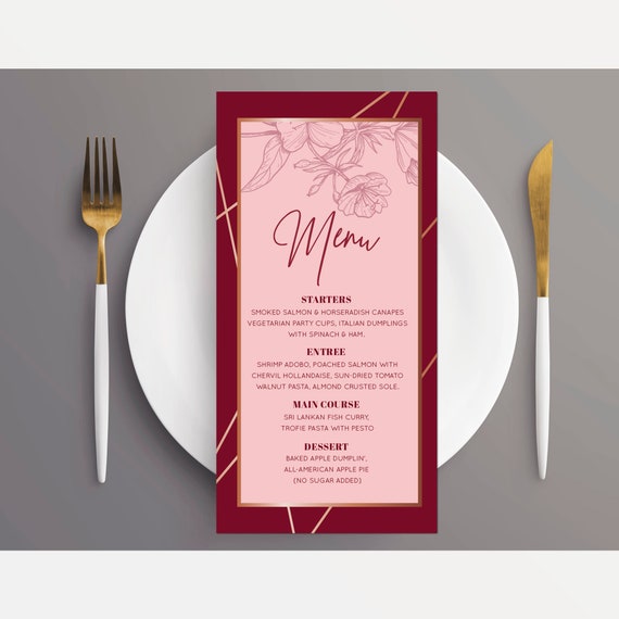 Menu Card Pink and Burgundy 9.25 x 4 Printed Menus, Birthday menu Final ...