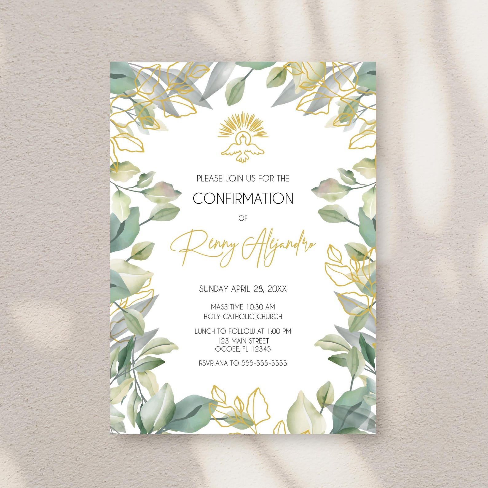 Greenery Dove Confirmation Invitation, Elegant Gold Religious Design - Etsy