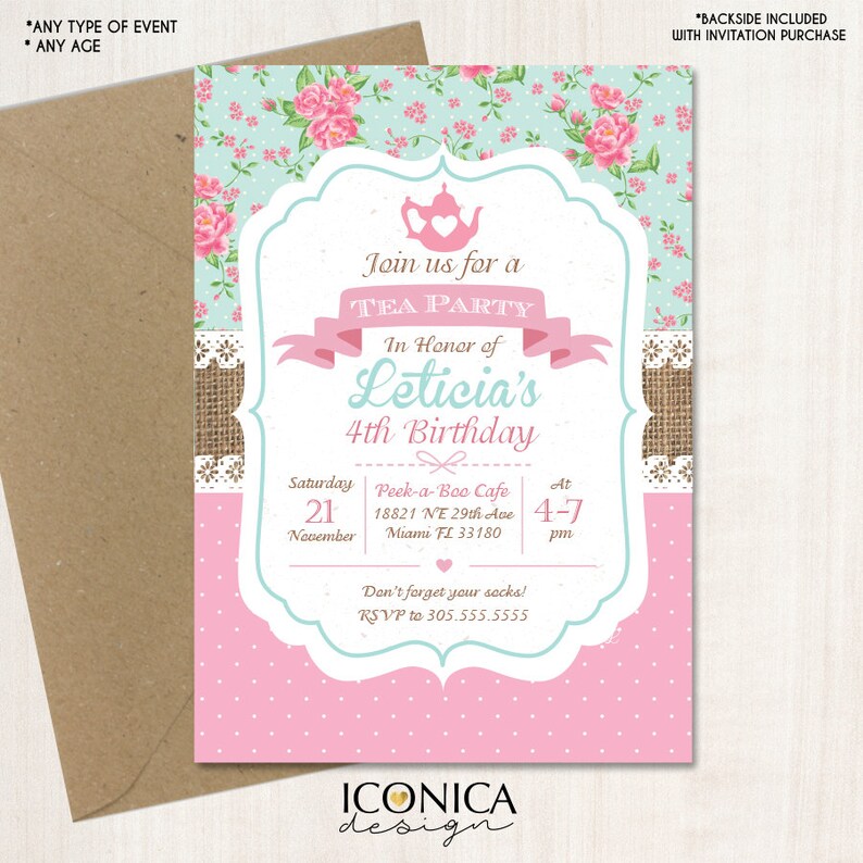 Shabby Chic Tea Party Birthday Party Invitation Burlap - Etsy