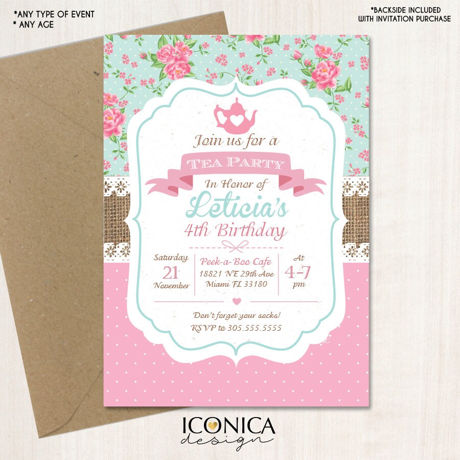 Shabby Chic Tea Party Birthday Party Invitation Burlap | Etsy