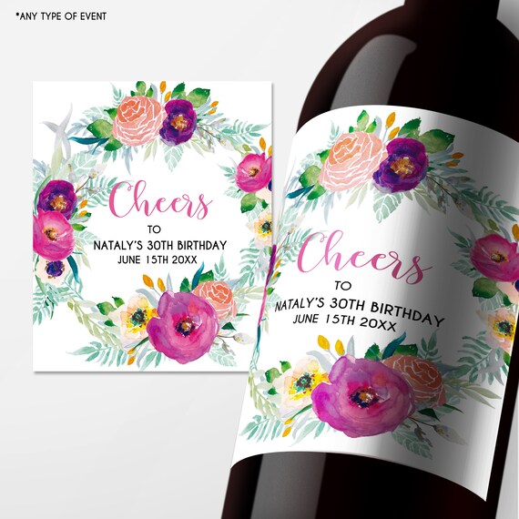 30th Birthday Party Wine labels Personalized Floral Design Any Age ...