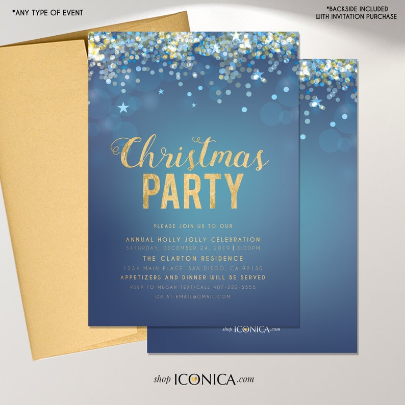 Christmas Cards Holiday Party Invitations Elegant Blue and | Etsy