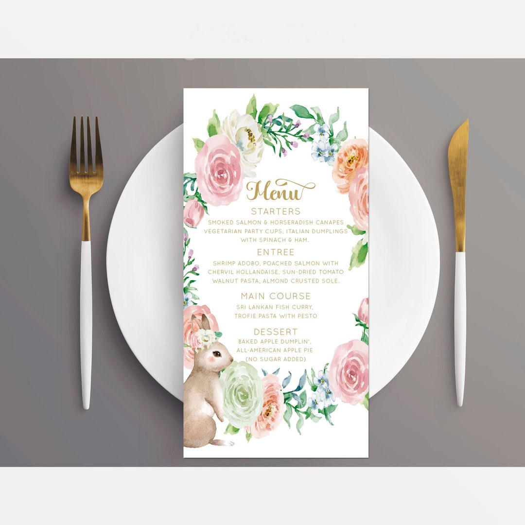 Menu Card 9.25 X 4 Printed Menu Easter Bunny Menu, Floral Bunny Menu ...