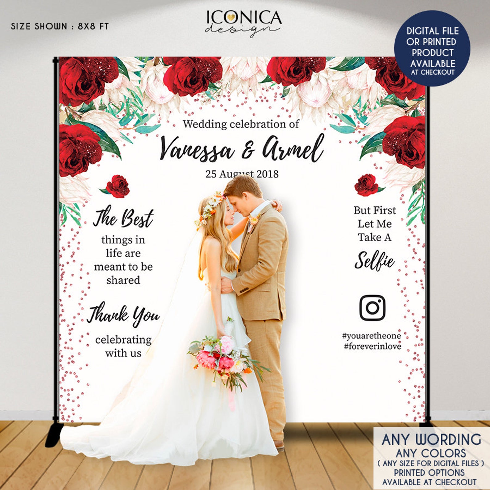 Wedding Photo backdrop Personalized White Red Rose Gold | Etsy