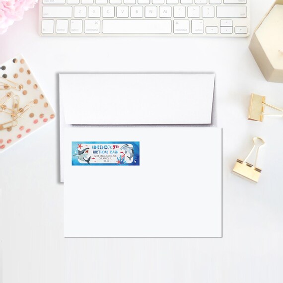 Shark Party Address Stickers Personalized 3x1, Shark Return Labels ...