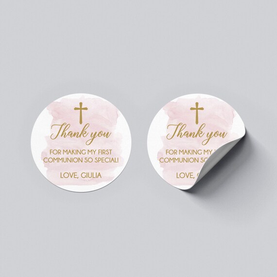 First Communion Favor Stickers, pink watercolor labels, Communion Round ...