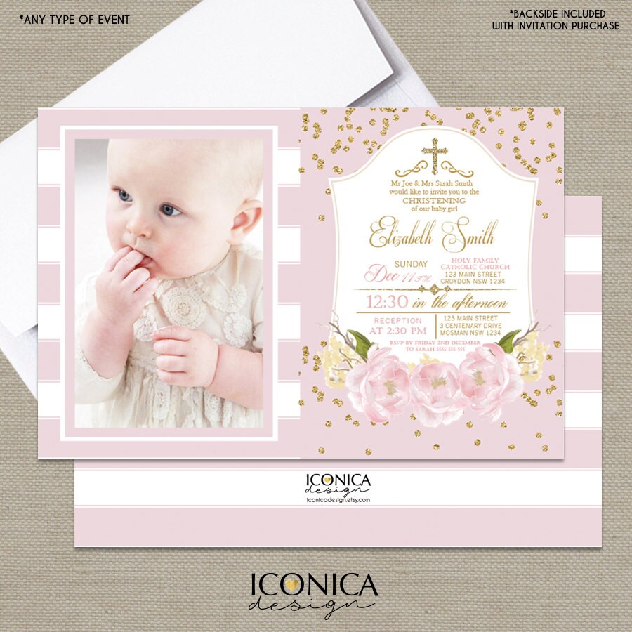 BAPTISM Invitation GOLD & PINK Gold Glitter Floral Invite Pink | Etsy