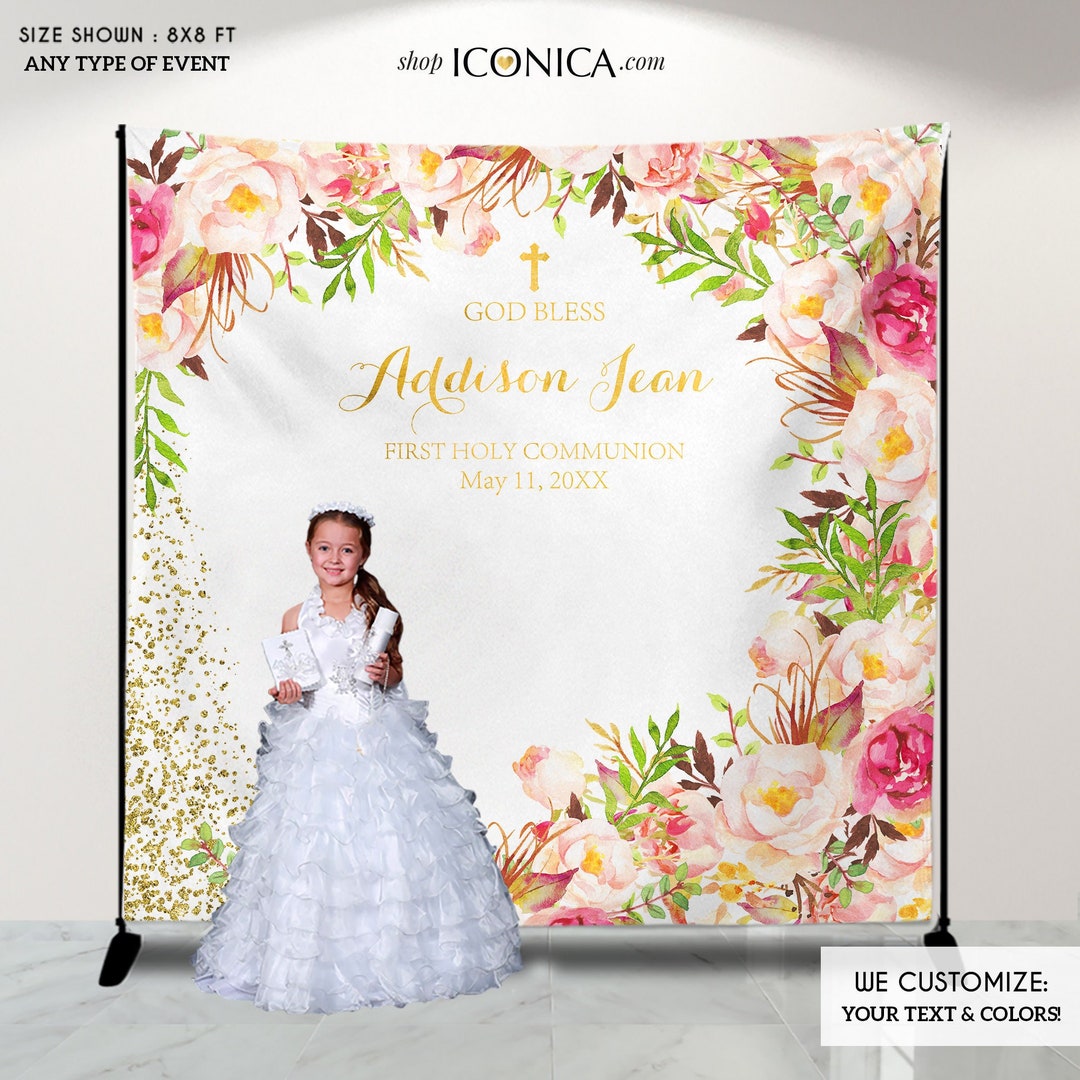First Communion Photo Booth Backdrop, Floral Custom Step and Repeat ...