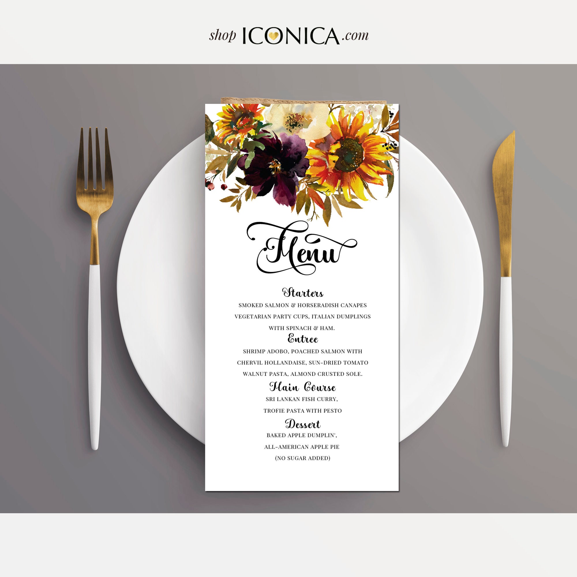 Sunflower Menu Card 9.25 X 4 Printed Menus, Rustic Wedding Menu Card ...
