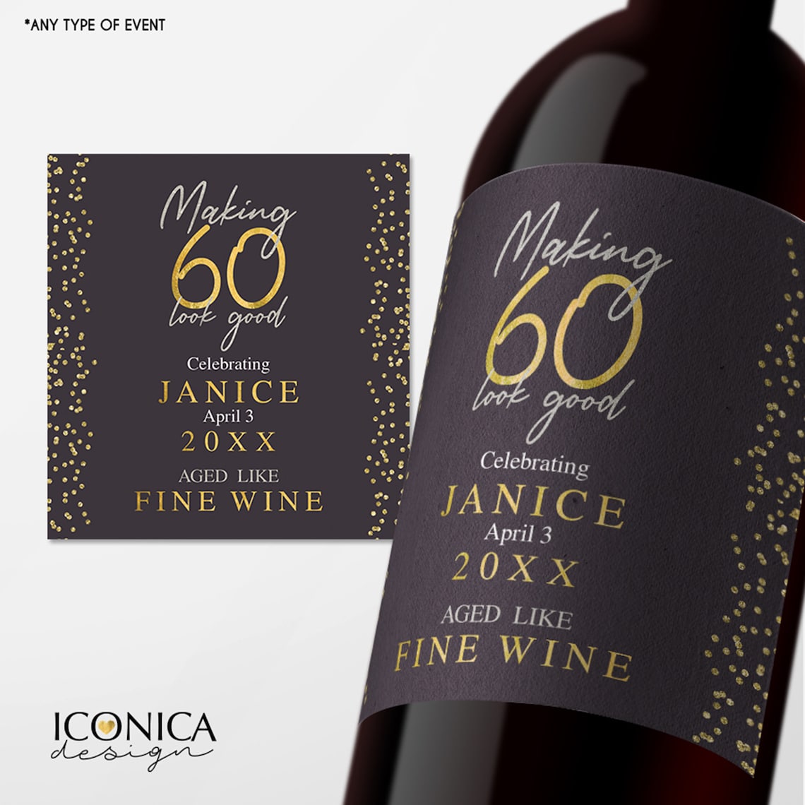 60th Birthday Wine Label Personalized Any Age Milestone Birthday ...