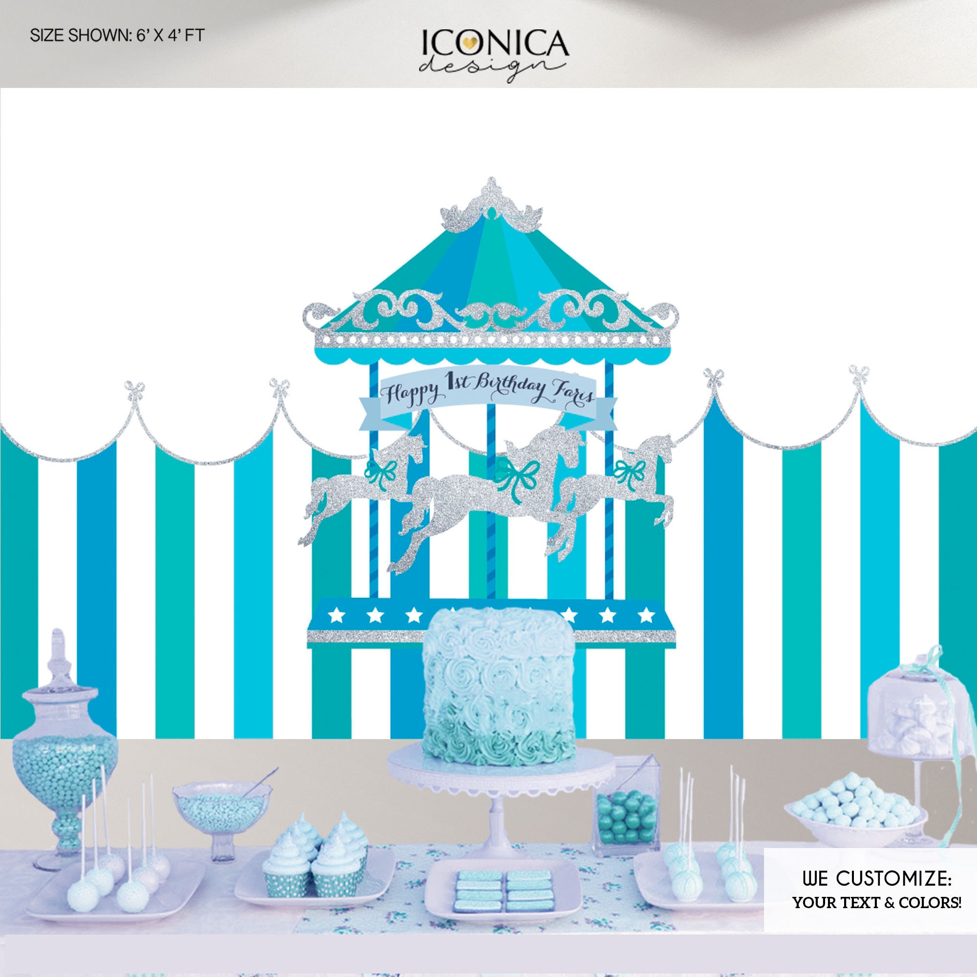 Carousel 1st Birthday Party Backdrop silver glitter silver | Etsy