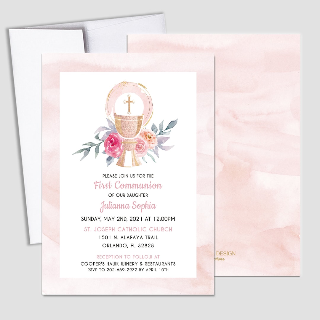 First Communion Invitation Girl Elegant Invitations, Elegant Pink ...