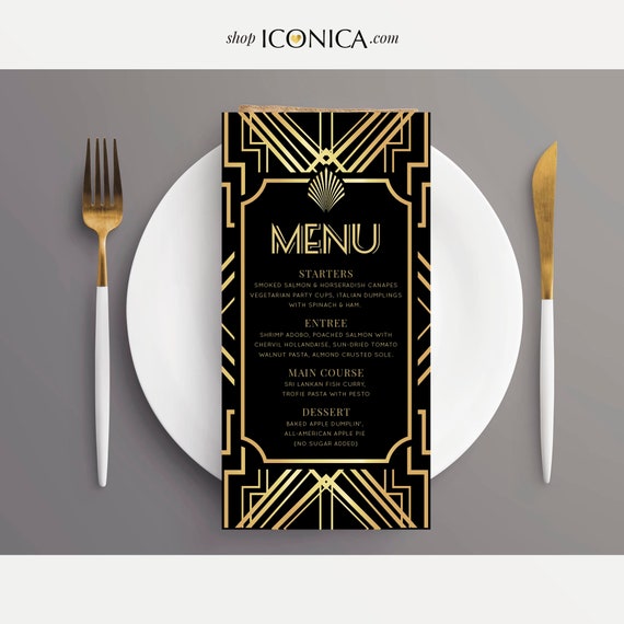 Art Decor Menu,Roaring 20's menu,Black and Gold Great Gatsby Menu Card ...