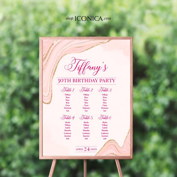Seating Chart Board 30th Birthday Any Milestone Pink and Gold Marbled ...