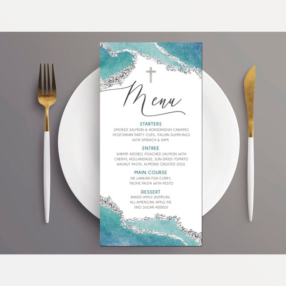 First Communion Geode teal Menu Card 9.25 x 4 Printed Menus, Elegant ...