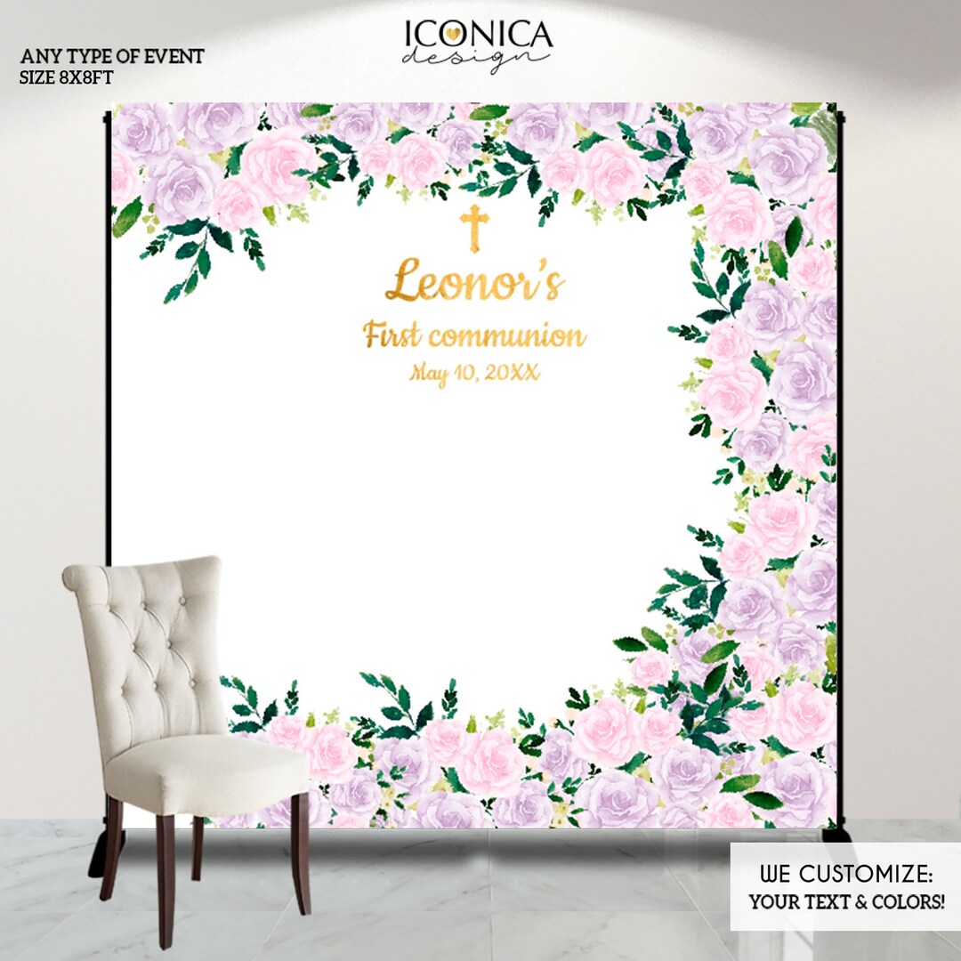 First Communion Party Decor, God Bless Personalized Backdrop, Floral ...