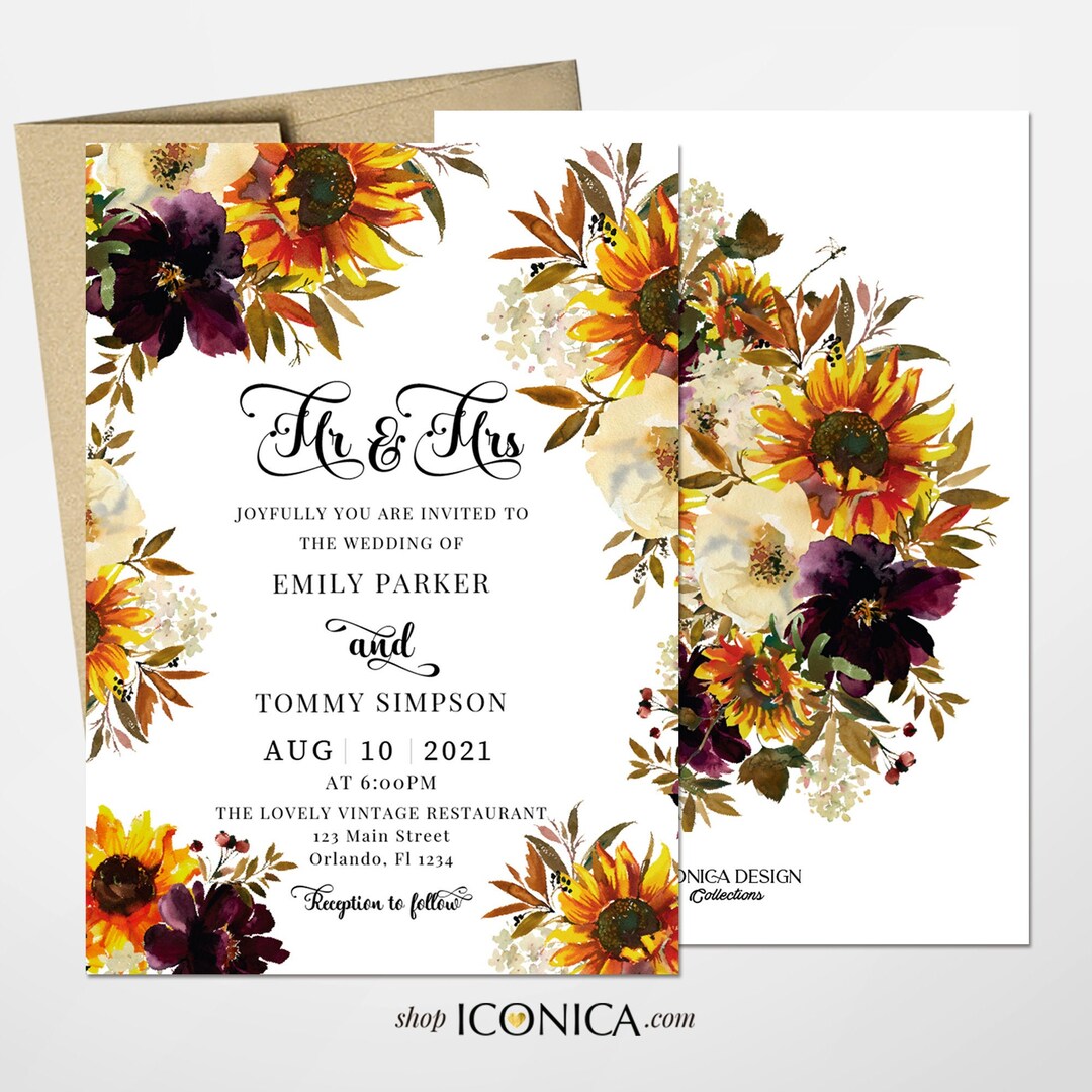 Sunflowers Wedding Invitation Fall Floral Invitation Sunflower and Red ...