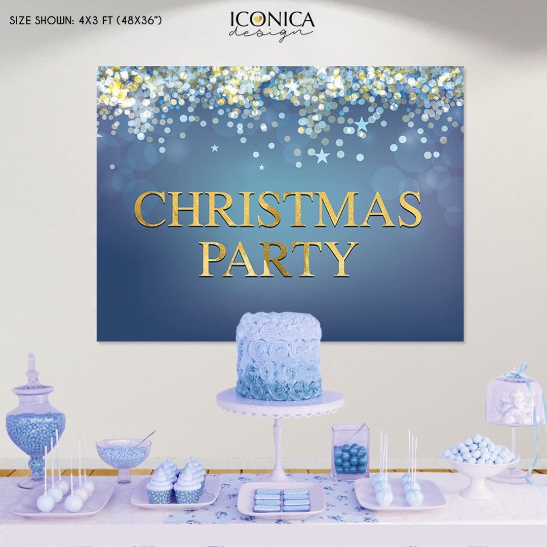 Blue & Gold Christmas Party Backdrop, Sparkle Banner (printed or ...