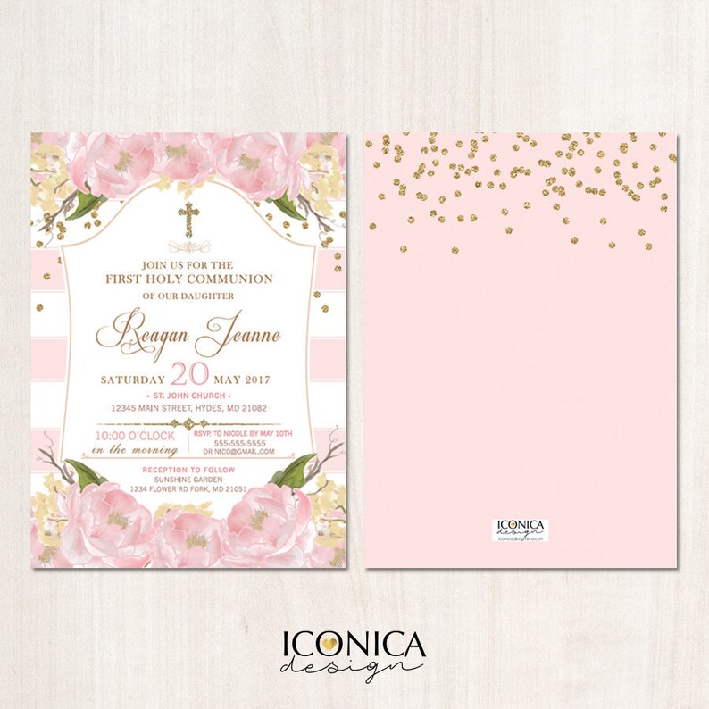 First Communion Invitation Floral Pink and Gold Invite Pink - Etsy