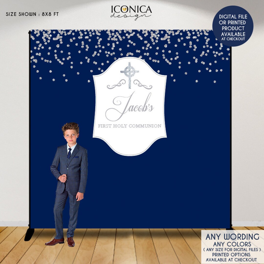 Blue Silver First Communion Photo Booth Backdrop (printed or Printable ...