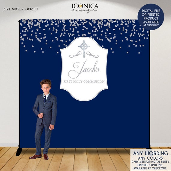 First Communion Photo Booth Backdrop, Blue Silver Communion Backdrop ...