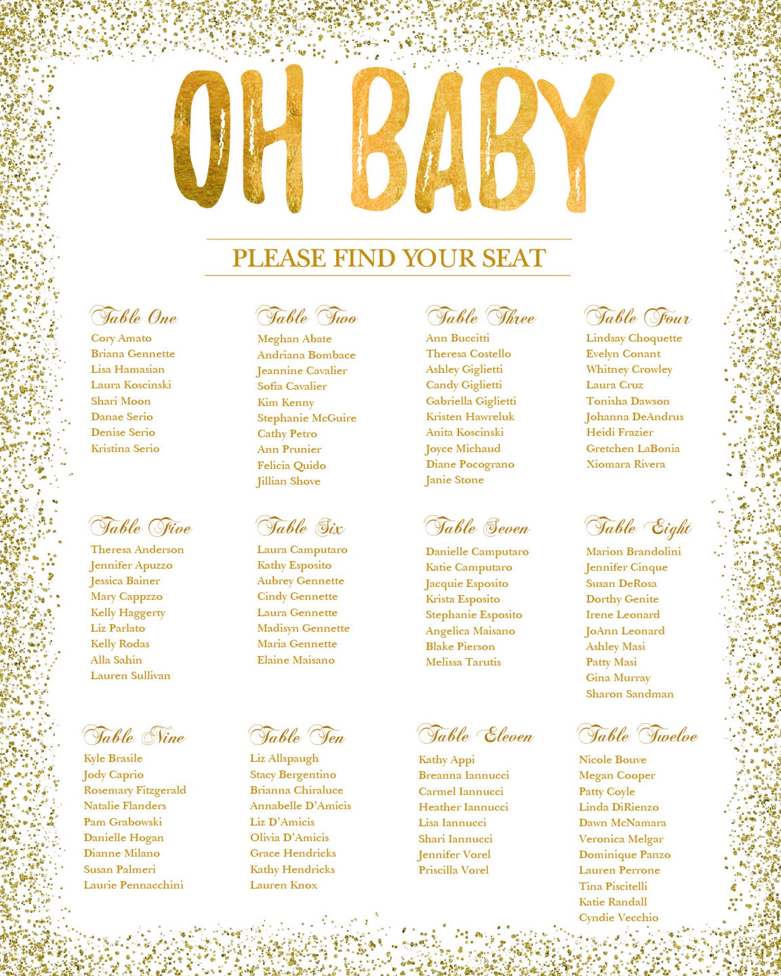 Oh Baby Shower Seating Chart, Gold Confetti, Custom Colors (printed or ...