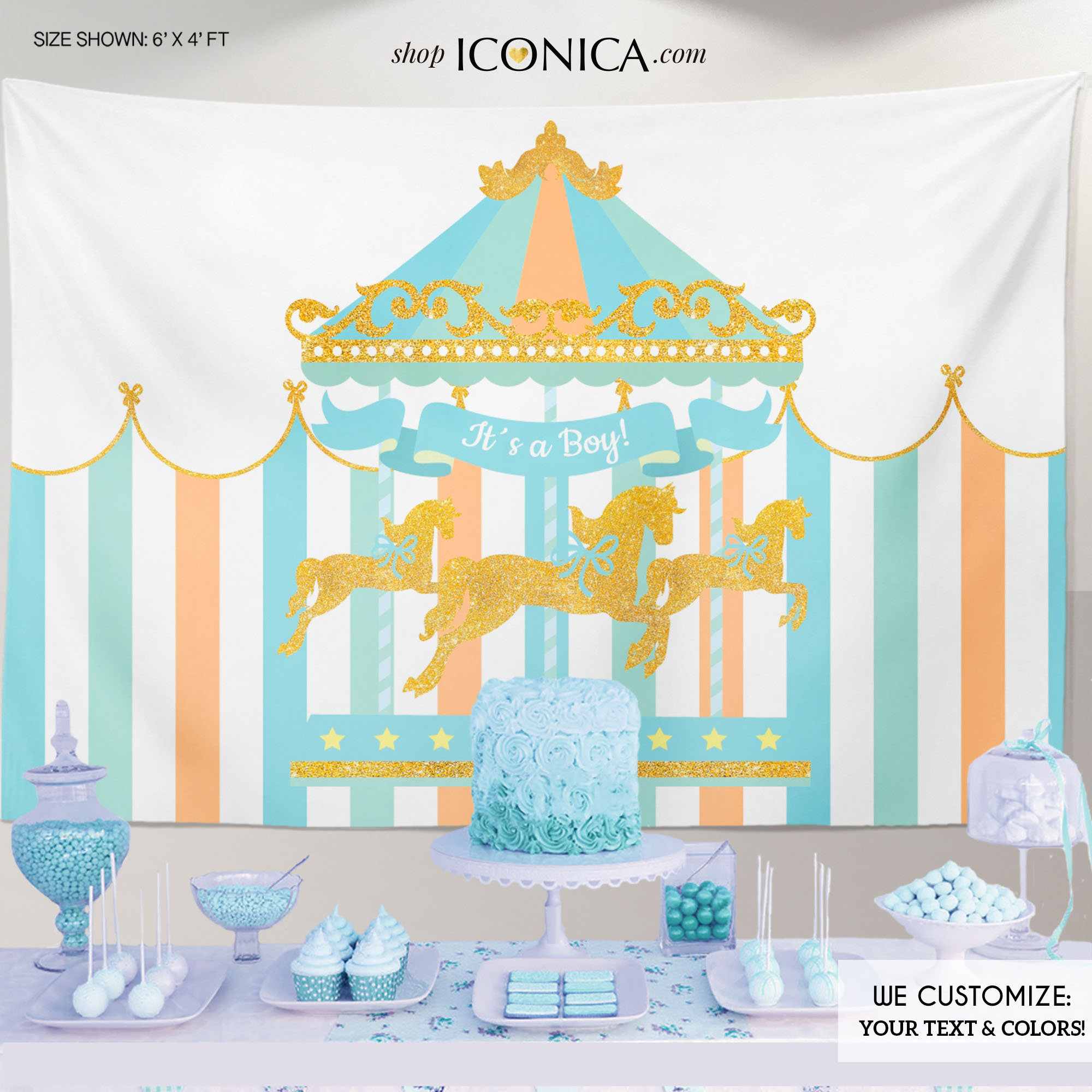 Carousel Party Backdrop First Birthday Any Age - Neutral Colors - Baby ...
