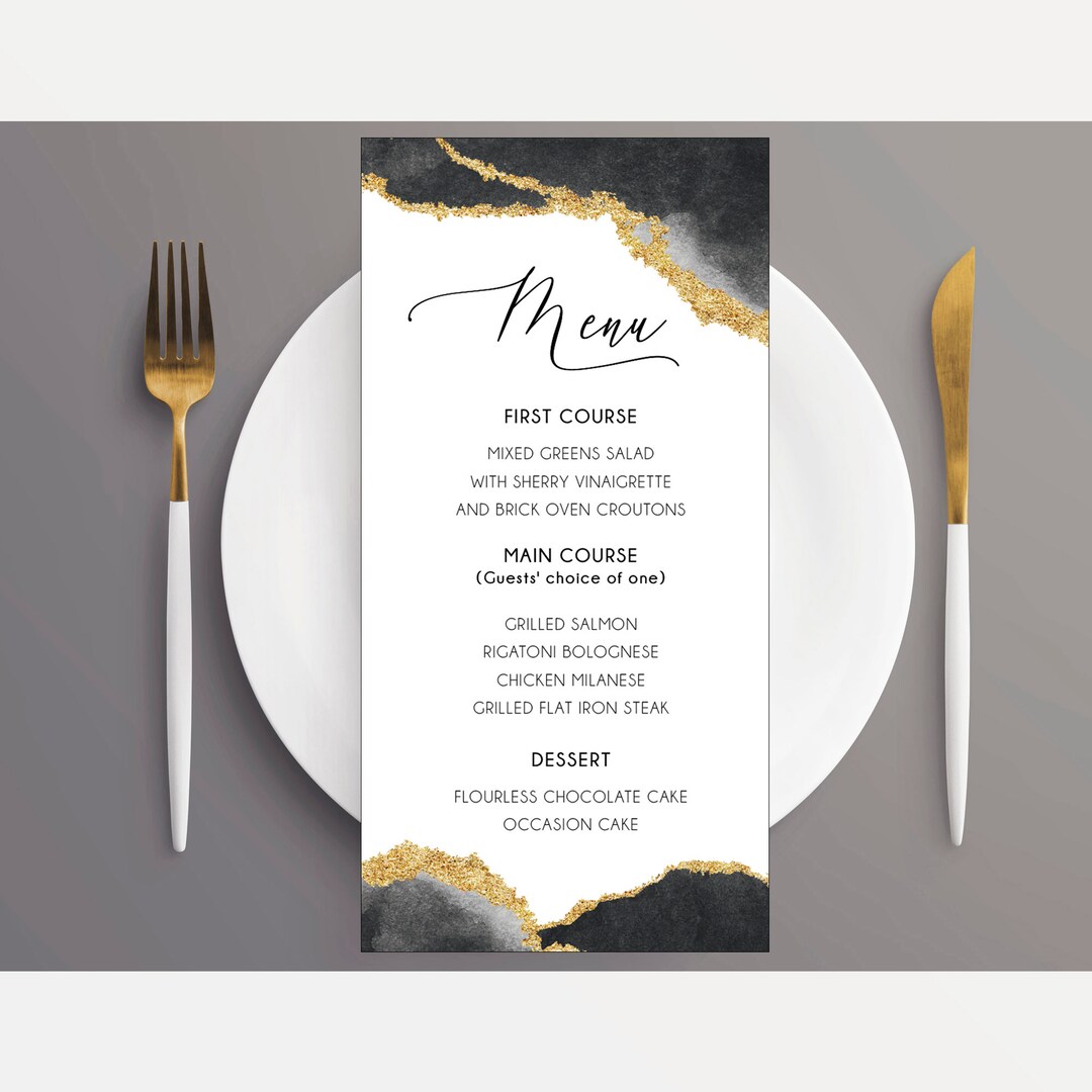 Geode Menu Card 9.25 X 4 Printed Menus Black Gold Silver , Elegant Menu ...