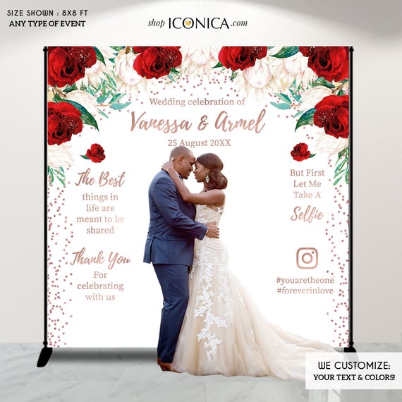 Wedding Photo Backdrop Personalized White Red Rose Gold Wedding Decor
