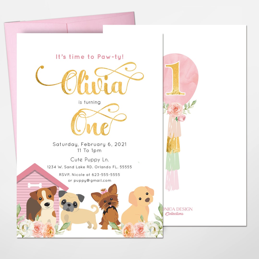 Puppy Birthday Party Invitation, Pink Floral Design - Etsy