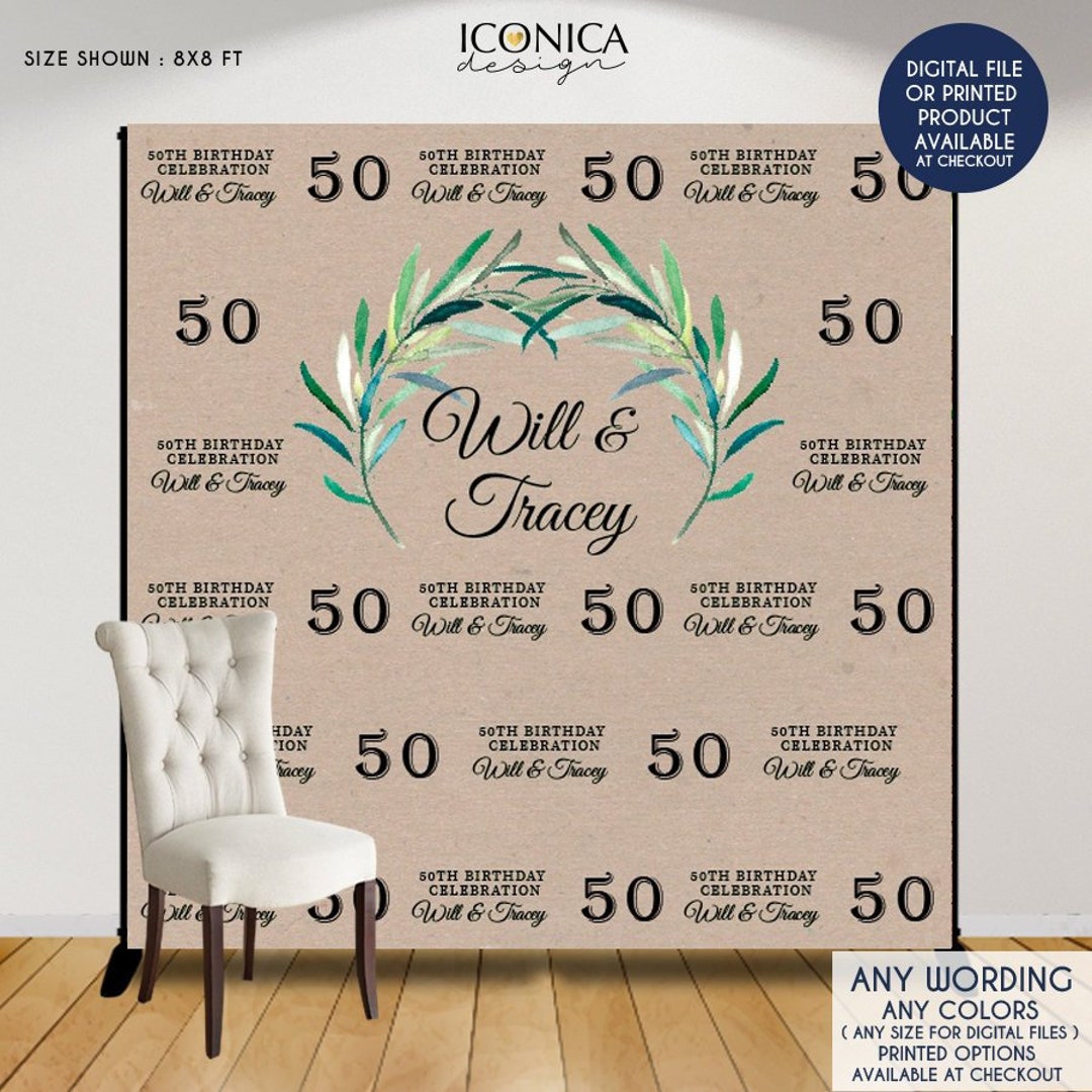 Rustic 50th Birthday Backdrop, Greenery, Kraft (printed or Digital File ...