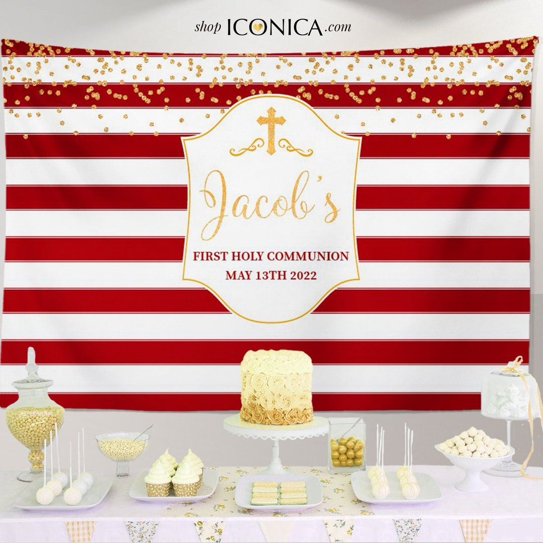 Burgundy Gold First Communion Backdrop, Striped Photo Booth (printed or ...