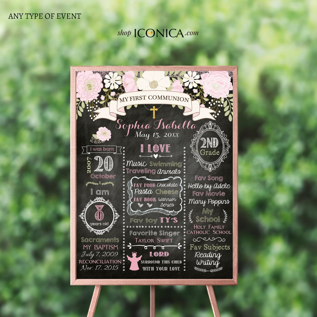 First Communion Chalkboard Sign Floral, Baptism Milestone Poster, Any ...