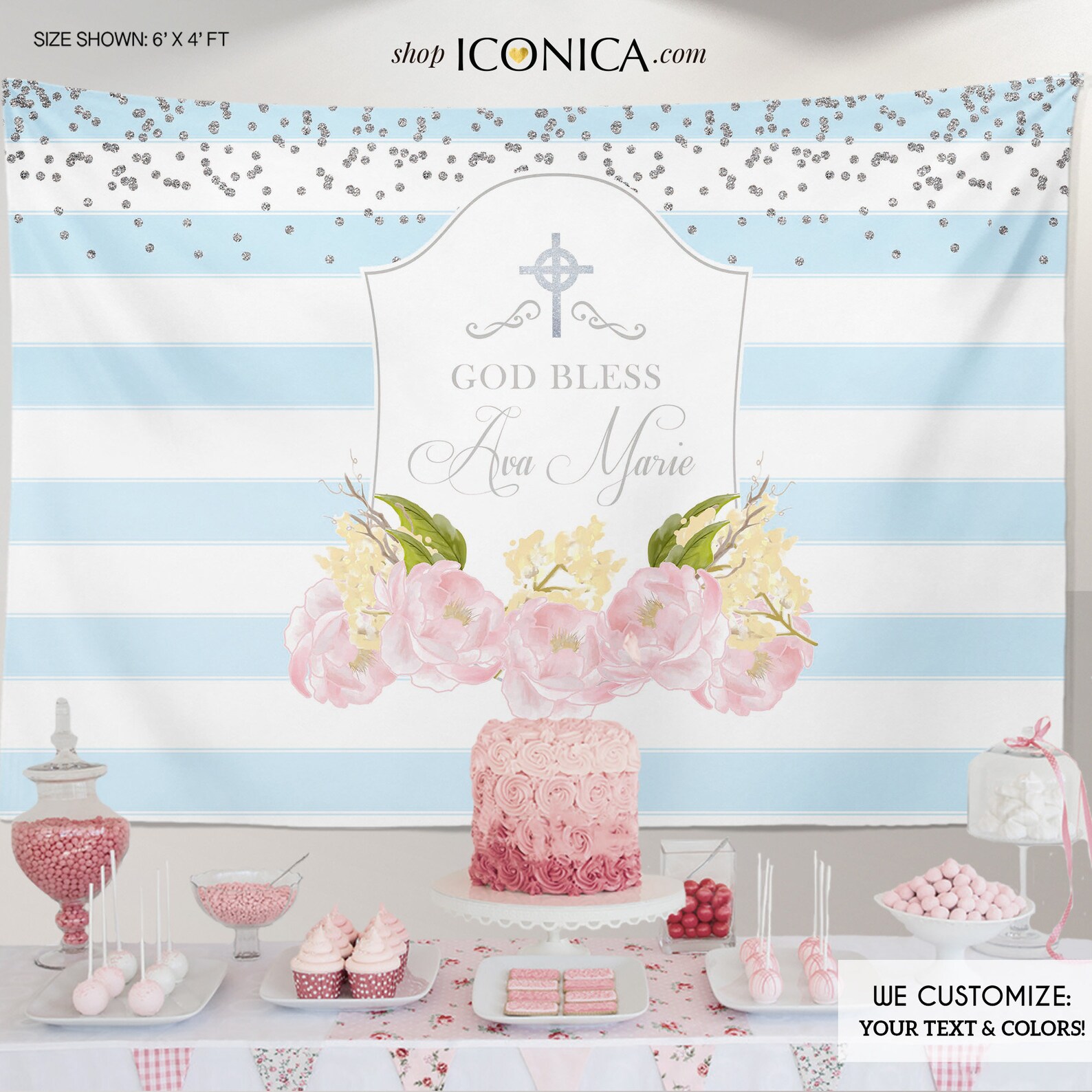 Blue Peonies Baptism Backdrop, Light Gray Banner (printed or Printable ...