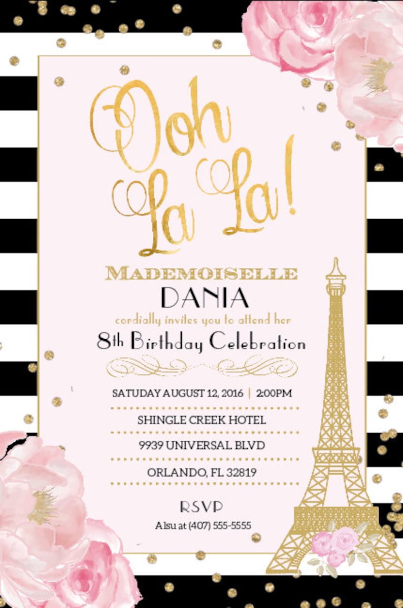 French Birthday Invitation BLACK and WHITE Stripes Paris Ooh | Etsy