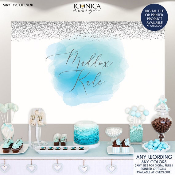 Silver and Blue Watercolor Backdrop Personalized Photo | Etsy