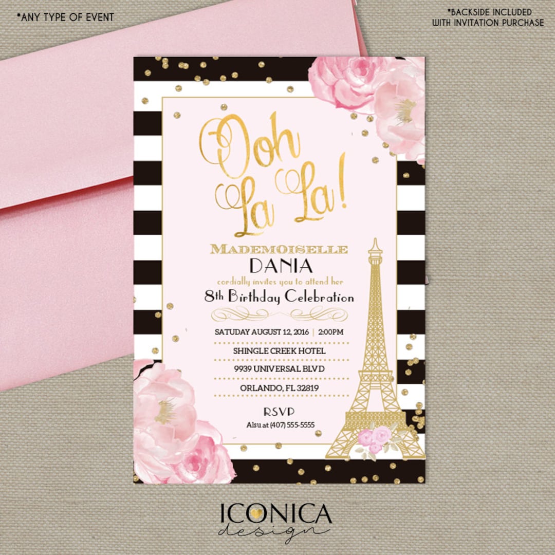 French Birthday Invitation BLACK and WHITE Stripes Paris Ooh Lala Gold ...