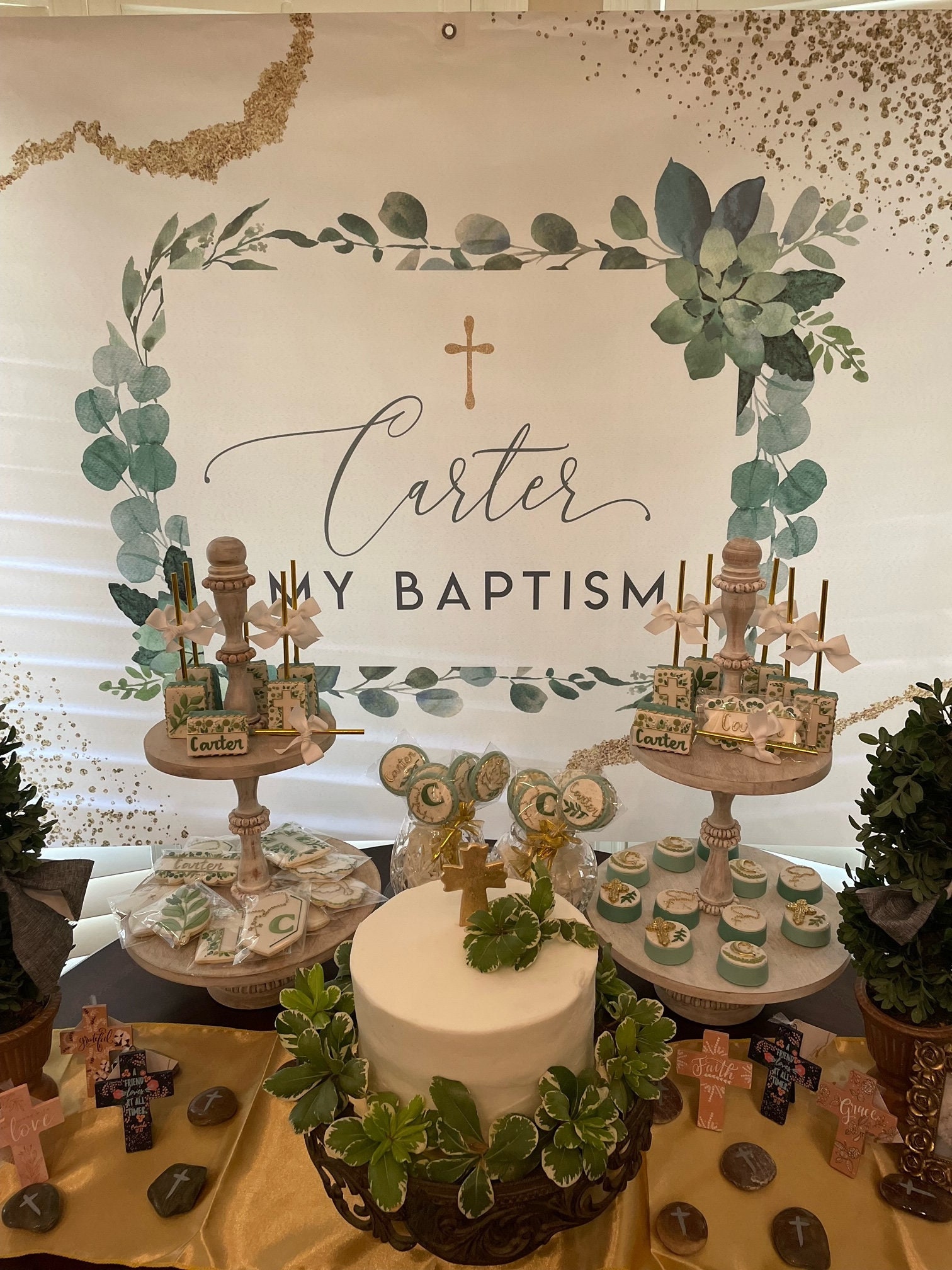 Personalized Baptism Backdrop, Sage Greenery, Christening Decor - Etsy
