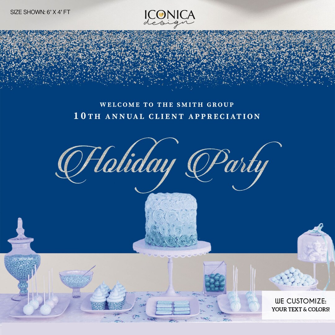 Blue Holiday Party Backdrop, Silver Sparkles, Custom Event Banner ...