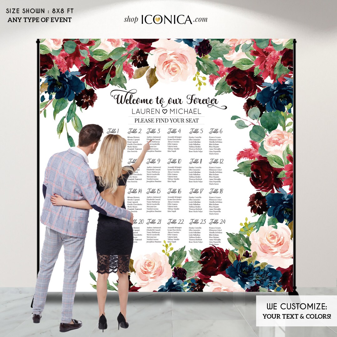Wedding Seating Chart Backdrop, Burgundy and Navy Floral Print Decor ...