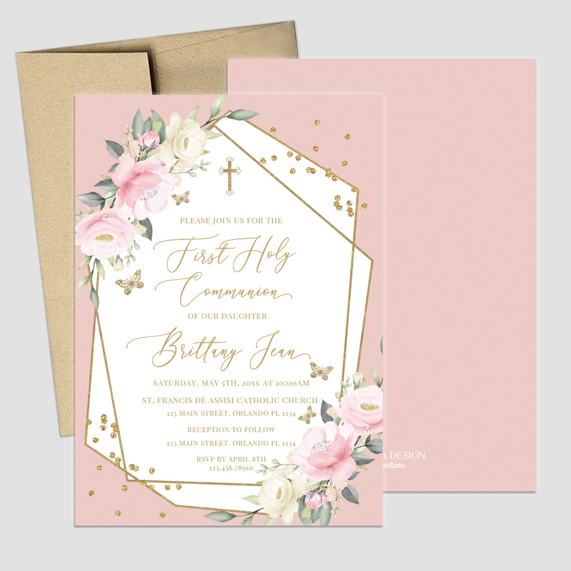 Floral First Communion Save the Date Card, Pink and Gold - Etsy
