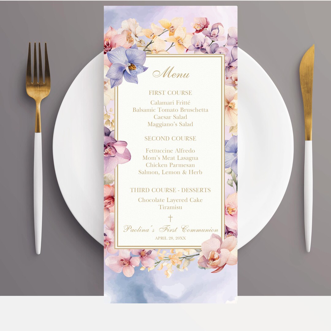 Lilac Menu Cards 9.25 X 4 in for First Communion or Confirmation for ...