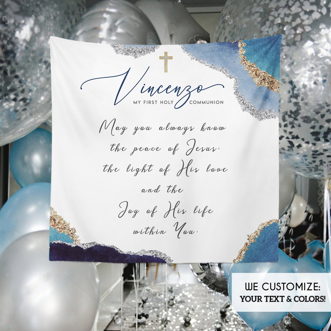 First Communion Banner Personalized, Blue Geode Backdrop Navy and Gold ...