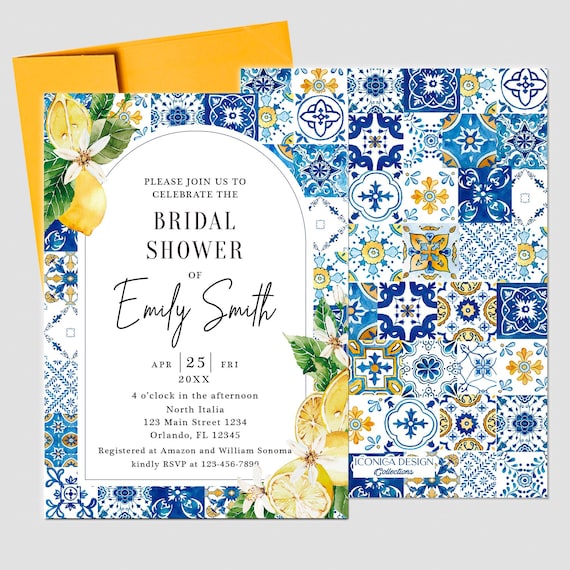 Tuscan Lemon Bridal Shower Invitation,Blue Tile and Lemon Cards,Citrus ...