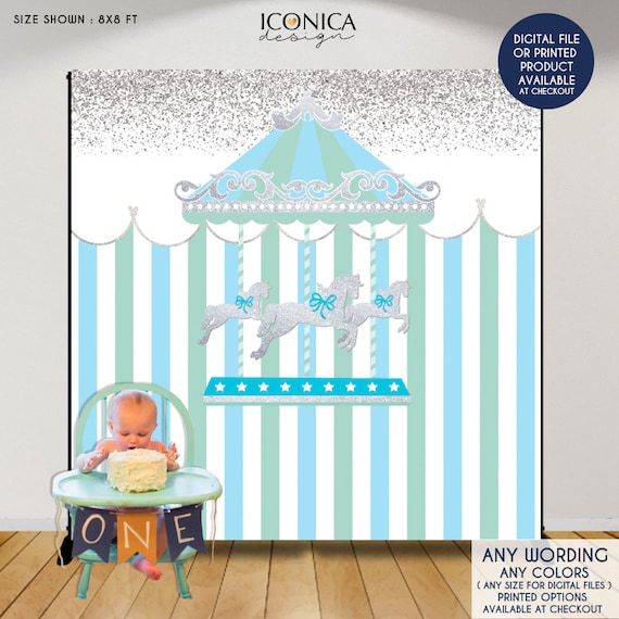 Carousel First Birthday Backdrop, Any age, Carousel Party Decor, Blue ...