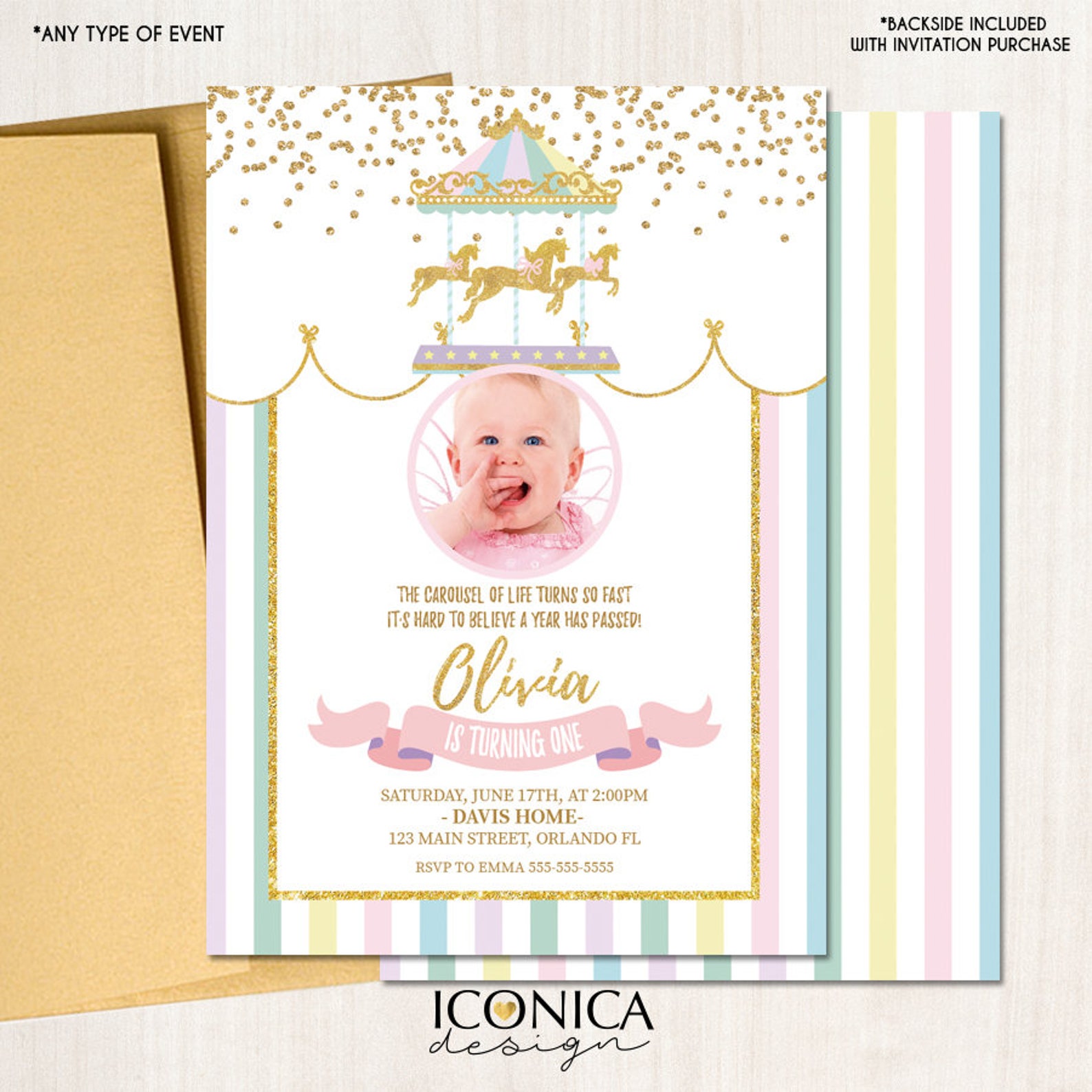 Carousel Birthday Invitation, Pastel Colors, Printed or Printable - Etsy