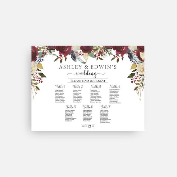 Boho Chic Wedding Seating Chart Burgundy Red Floral Printed Seating ...