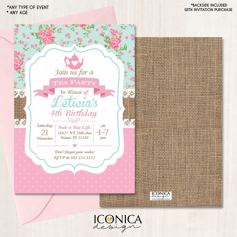 Shabby Chic Tea Party Birthday Party Invitation Burlap - Etsy