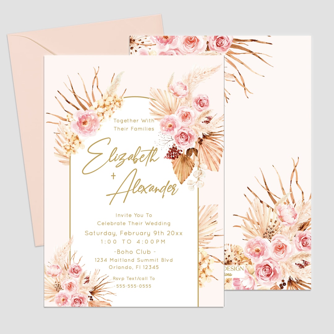 Boho Chic Invitation, Boho Chic Wedding Invites, Dried Floral Pink ...
