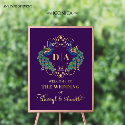 Peacock Wedding Welcome Sign Printable Peacock Purple Gold - Etsy UK